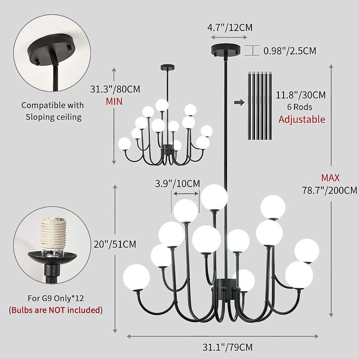 QUOOBE Modern Mid Centur Black 12 Light Chandeliers with Glass Globe,Large Sputnik Metal Ceiling Pendant Light Fixture for Living Room Dining Room Bedroom Kitchen Staircase Office