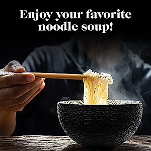 American Atelier Ramen Bowl with Chopsticks | Set of 2 | Soup Bowls for Kitchen | Udon Noodle Bowl with Chopsticks | Stoneware Rice Bowl | 6" Diameter (21 Oz) - Embossed Black Design