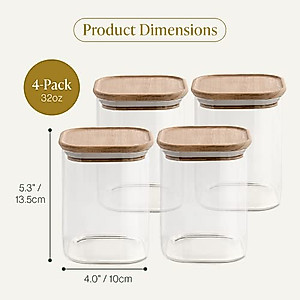 Bloom & Breeze Airtight Glass Pasta Containers for Pantry, Spaghetti Container, Glass Cereal Containers Storage, Rice Dispenser, Square Glass Storage Acacia Lids, Pack of 4, 32oz