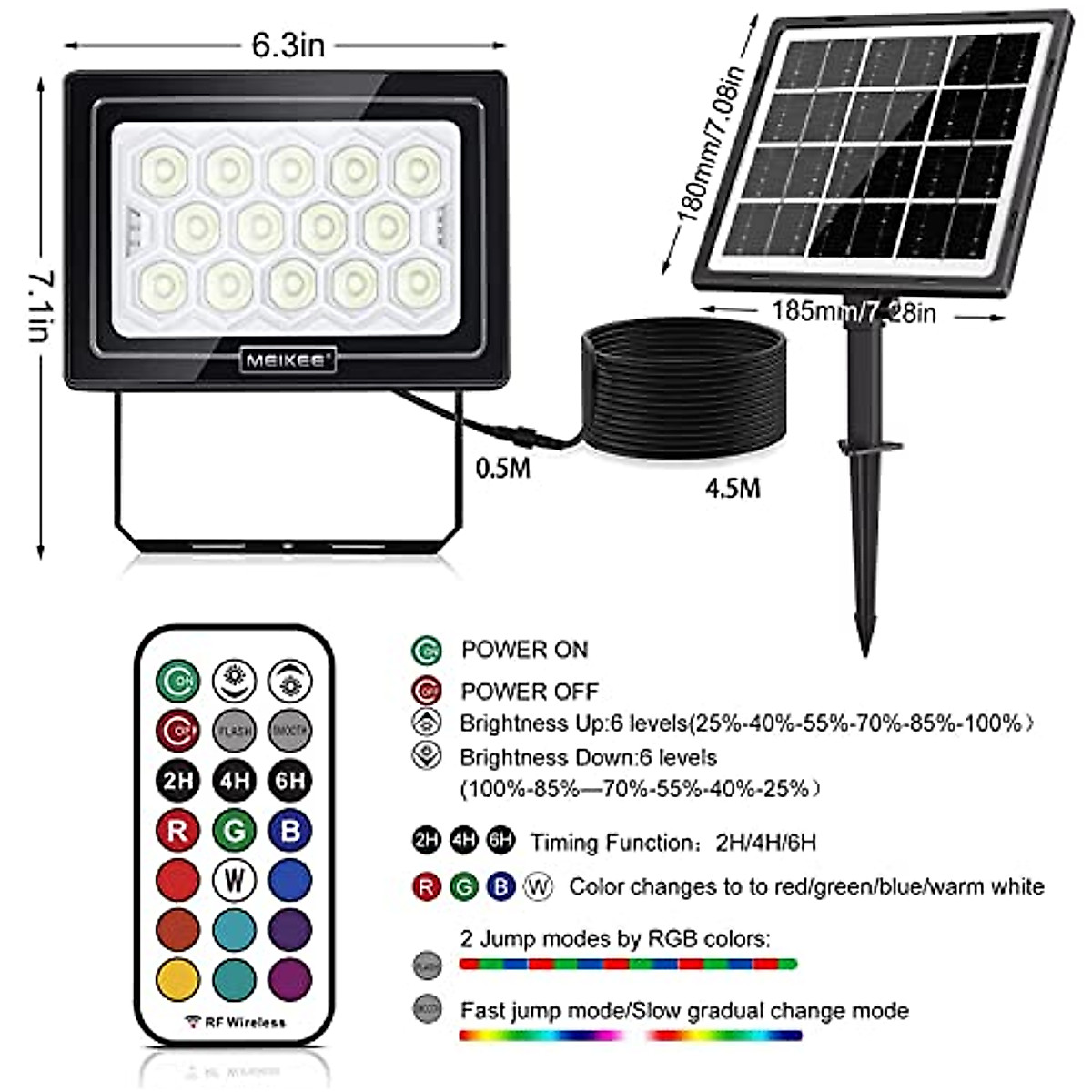 MEIKEE RGBW Solar Flood Light Outdoor with Remote, RGB Color Changing 2700K IP66 Waterproof LED Solar Powered Lights, Dimmable Timing Strobe Halloween Floodlight Landscape Light for Patio Party Garden