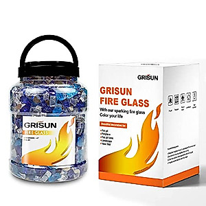 Grisun Fire Glass for Fire Pit, 1/2 Inch Mix 20 Pounds High Luster Reflective Tempered Glass Rocks for Natural or Propane Fireplace, Safe for Outdoors and Indoors Firepit Glass