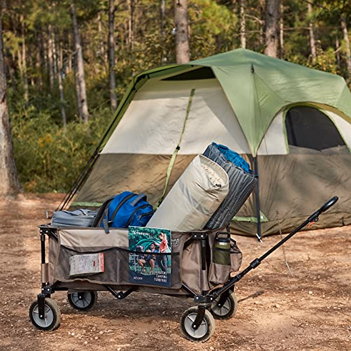 TIMBER RIDGE Folding Utility Wagon, Heavy Duty Foldable Garden Cart with Side Pocket and Cup Holders, Collapsible Wagon Cart for Garden, Sports, Shopping and Camping, Tan