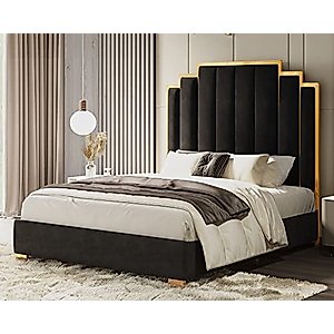 HOWE Queen Size Bed Frame and 61" Headboard, Upholstered Bed with Golden Plating Trim, Modern Platform Bed No Box Spring Needed, Black