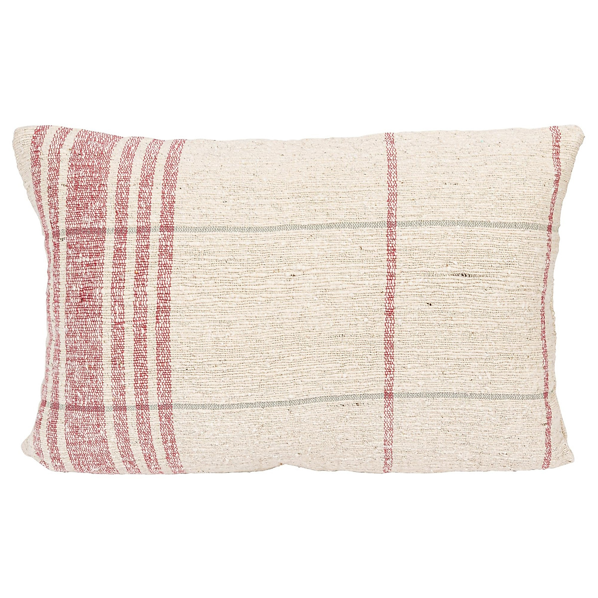 Creative Co-Op 24 Inches Woven Cotton Slub Lumbar Grid Pattern, Natural and Red Pillow