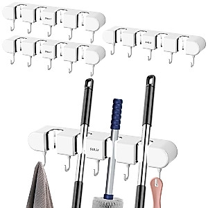 ZLHETWT Broom Holder, Mop Holder, Mop and Broom Organizer, 4Pcs Broom Holder Punch Free Mop Hanger Wall Mounted Mop Holder with 5 Hooks Effective Broom Gripper for Home