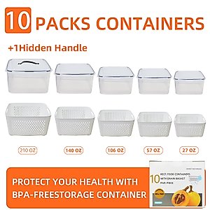 10 PCS Fruit Storage Containers for Fridge with Removable Colander, All-In-One Vegetable Berry Storage Containers for Washing, Draining, Freshness, the Largest Size with Handles