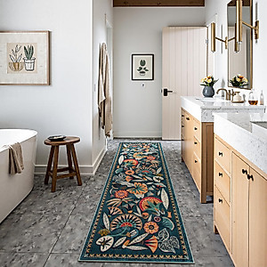 Zealude Egypt Floral Green Kitchen Runner Rug, 2'6''x8' Washable Boho Hallway Bathroom Rug Runner, Non Slip Botanical Vintage Throw Carpet Runner for Living Laundry Room Entry (Dark Green,2'6''x8')