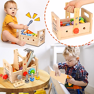 Kaodezhu Wooden Tool Set Montessori Toys for 2 3 4 5 Year Old Boy, 29Pcs Stem Toys Toddler Educational Toys Age 2-3, Tool Bench Pretend Play Construction Learning Toys for Toddler Birthday Gifts