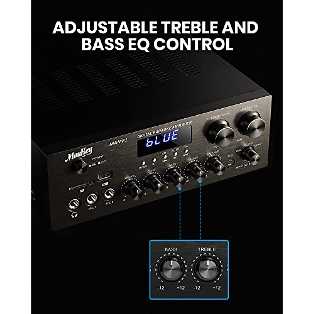 Moukey Home Audio Amplifier Stereo Receivers with Bluetooth 5.0, 220W 2 Channel Power Amplifier Stereo System, w/USB, SD, AUX, MIC in w/Echo, LED for Home Theater Speakers via RCA, Studio Use - MAMP1