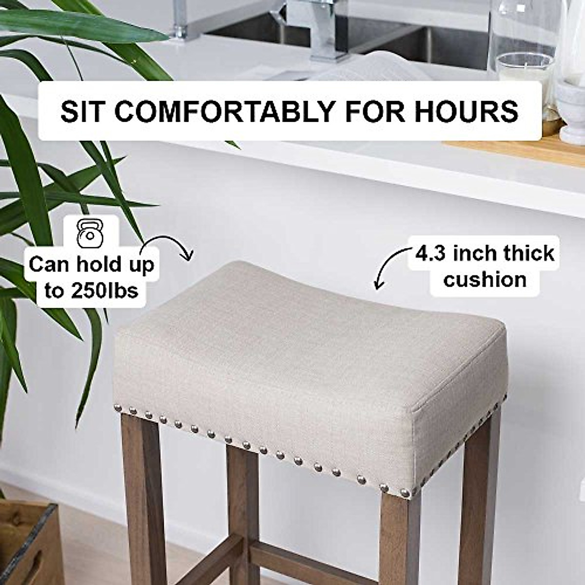 Nathan James Hylie Nailhead Wood Pub-Height Kitchen Counter Bar Stool 24", Beige/Light Brown