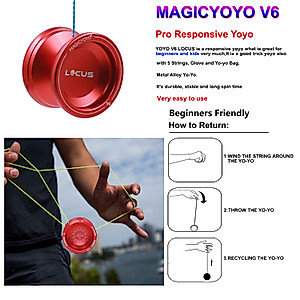 MAGICYOYO V6 Locus Yoyo Professional Responsive Yoyos for Kids Teens Adults, Beginners Yo-yo, Stable Practice Yo-yos for Girls Ladies, Metal Yoyo with Yo Yo Glove+ 12 Yo Yos String+ Pouch Kit, Red