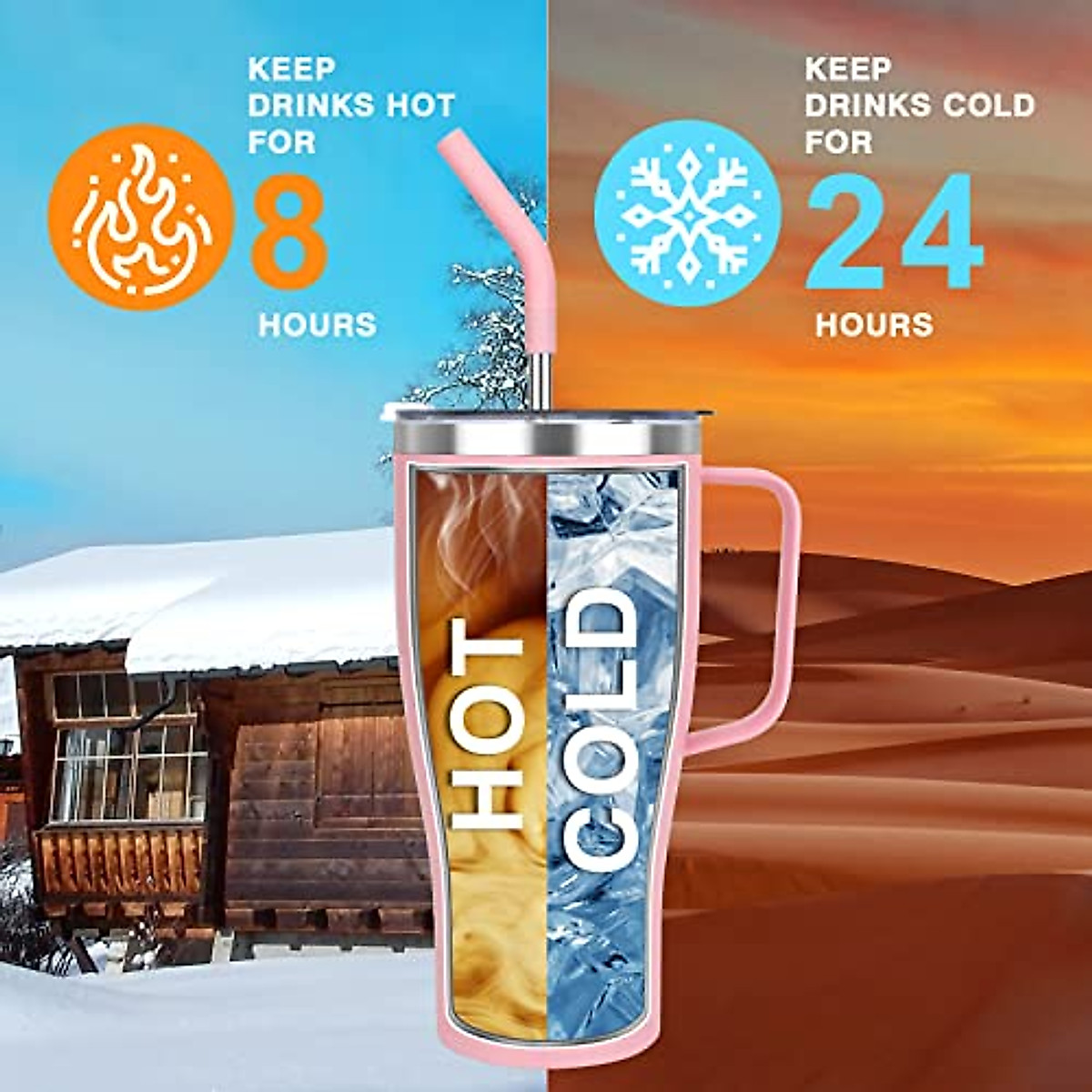 Zukro 32 oz Insulated Tumbler with Handle and Straw,Stainless Steel Travel Cup with Lid, No Sweat,Keep Drinks Cold 24 Hours, Dishwasher Safe,Fit in Cup Holder,