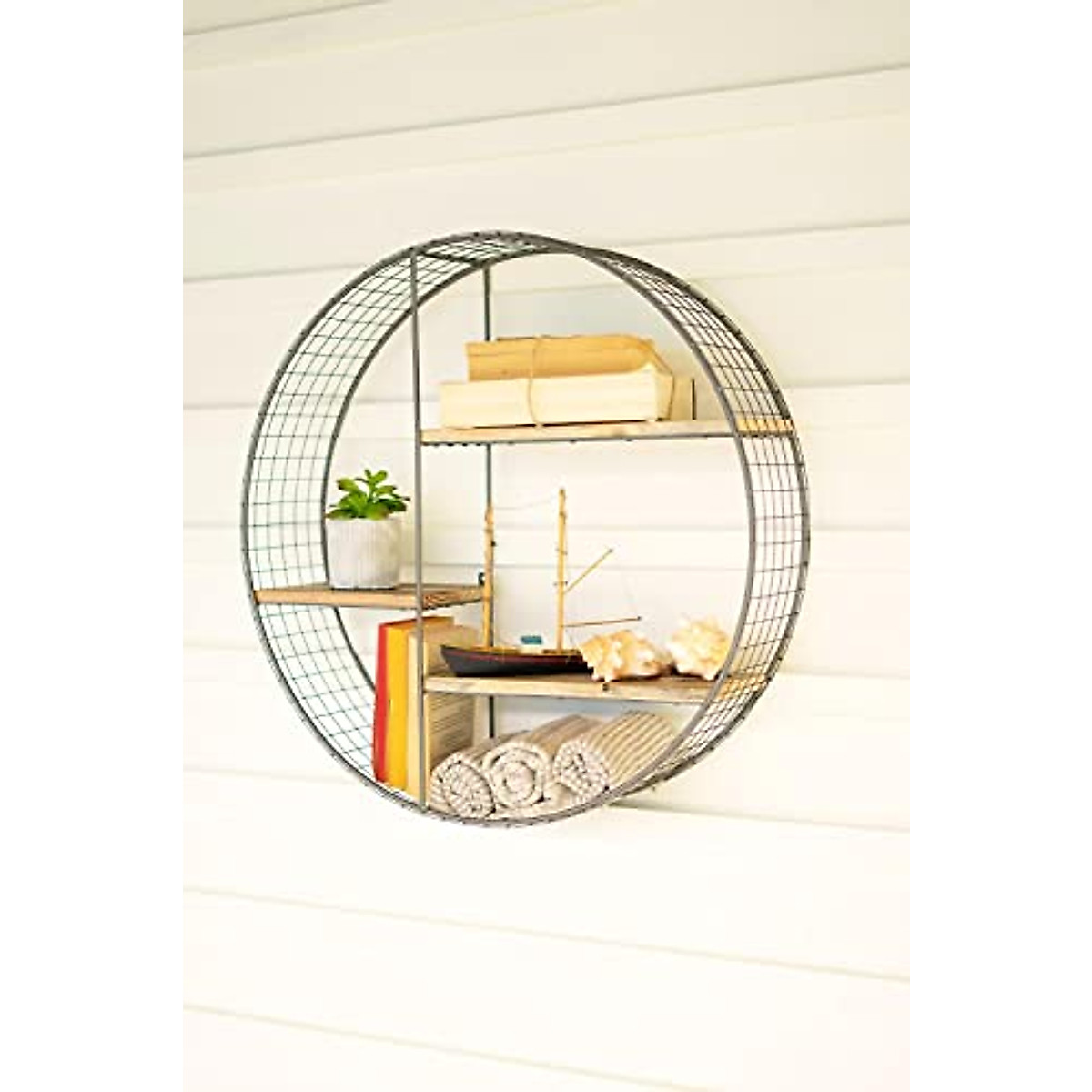 KALALOU CQ7541 Round Wire Mesh and Recycled Wood Shelving Unit, See Image