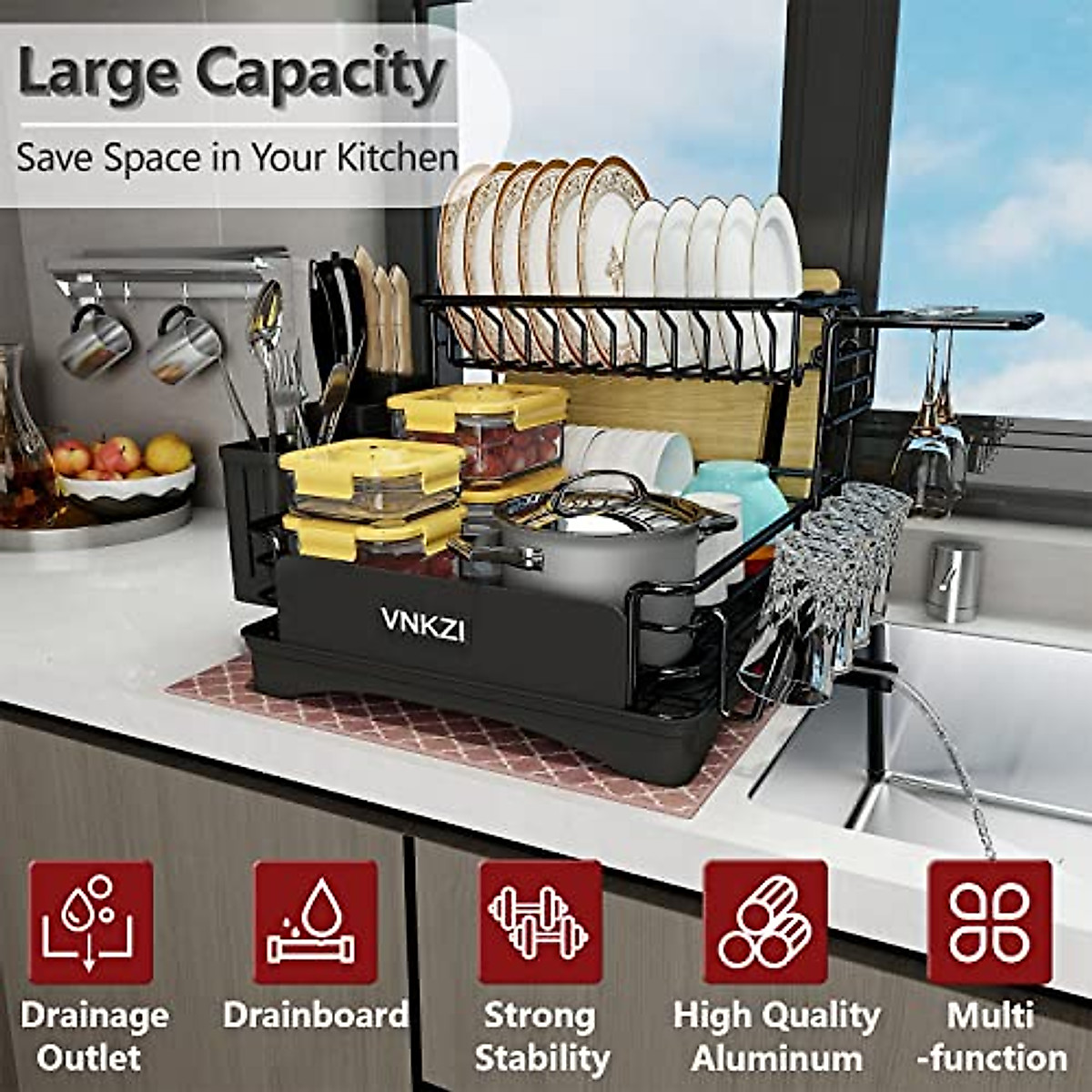 VNKZI Dish Drying Rack, 2 Tier Stainless Steel Multifunctional Large Dish Rack with Drainboard Set, Wine Glass Holder, Utensil Cutting Board Holder, Extra Drying Mat Set, for Kitchen Counter