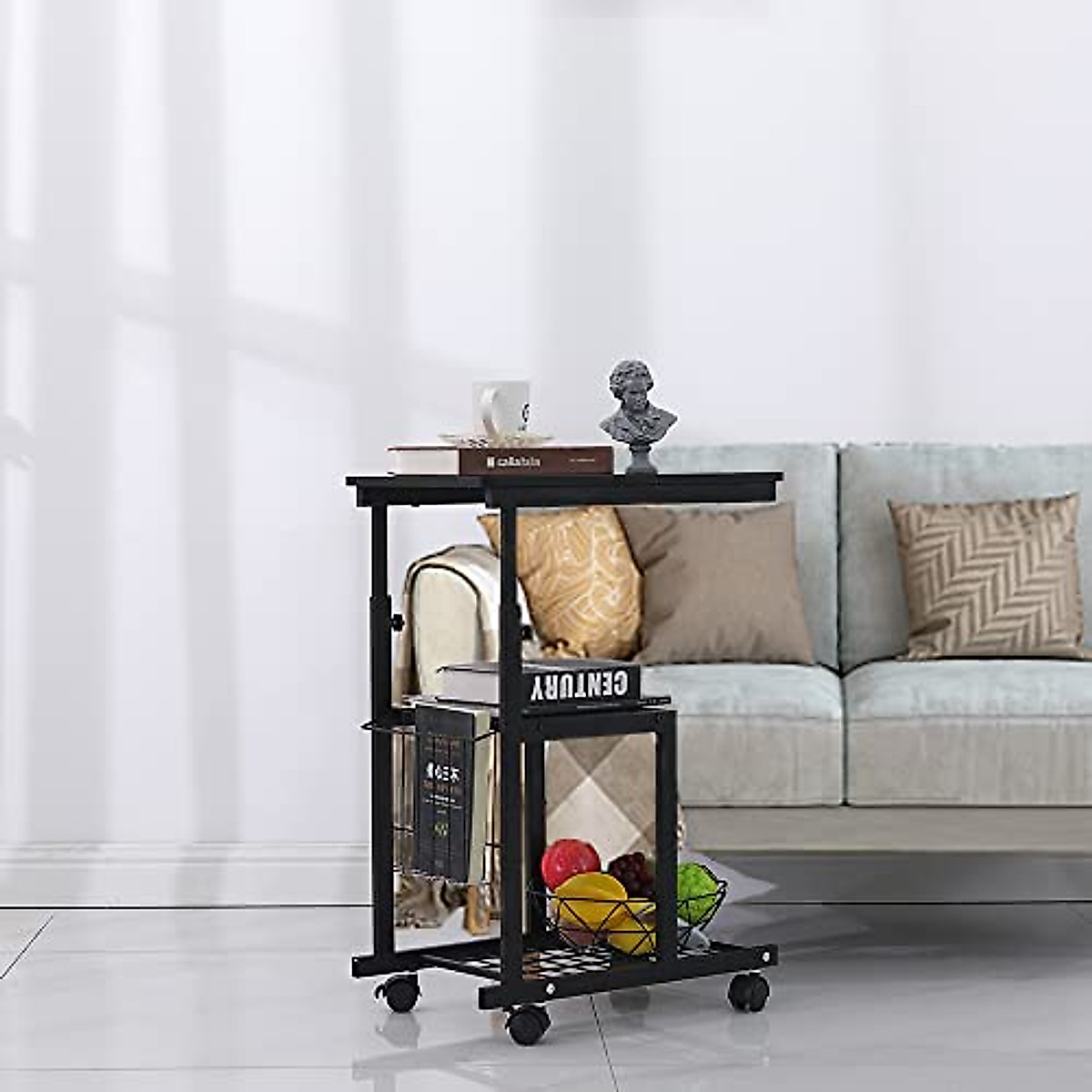 DAYTOYS C Shaped End Table-Movable Sofa Table with Metal Frames-Height Adjustable Sofa Tables with Storage Basket for Living Room, Bedroom, Bedside (Black)