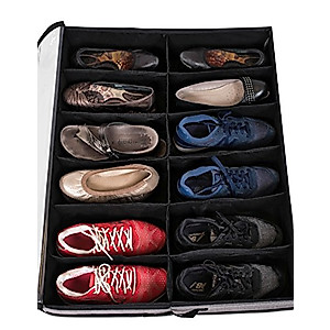 Internet's Best Under the Bed Shoe Storage Organizer - 12 Pair/Pockets - Zipper Closure Clear Cover - Grey