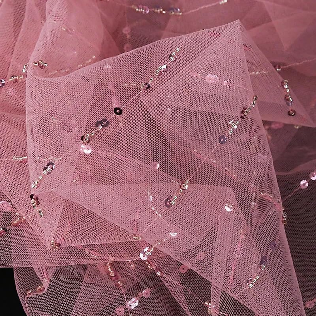 XMTXZYM 3 Yard Mesh Sequined Beaded Lace Fabric for Wedding Dress Evening Dress Handmade DIY Accessories