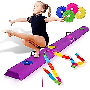 Wavor 8ft Balance Beam: 4 Flowers, 2 Ribbons, Foldable, Easy to Carry, Stable, Firm, 2 Color Options, 4-Inch Wide Kids Gymnastics Beam