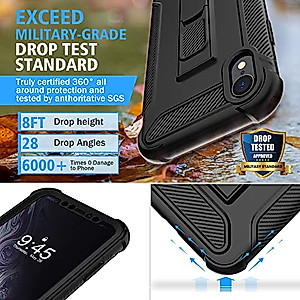 ORETECH Kickstand for iPhone XR Case, with[2 x Tempered Glass Screen Protector] 5 in 1 Military Grade Shockproof Protective Silicone TPU Bumper+Hard PC Slim Thin iPhone XR Phone Case-Black