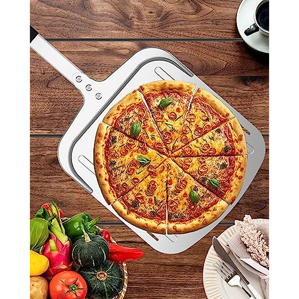 Perforated Pizza Peel 12-inch, Hard Anodized Aluminum Metal Pizza Spatula Paddle (12'' x 13.7''), Pizza Turning Peel, with Long and Heat Resistant Silicone Handle, Pizza Oven Accessories