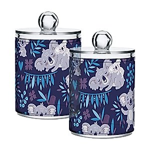 WELLDAY Apothecary Jars Bathroom Storage Organizer with Lid - 14 oz Qtip Holder Storage Canister, Koala Bears Clear Plastic Jar for Cotton Swab, Cotton Ball, Floss Picks, Makeup Sponges,Hair Clips (2