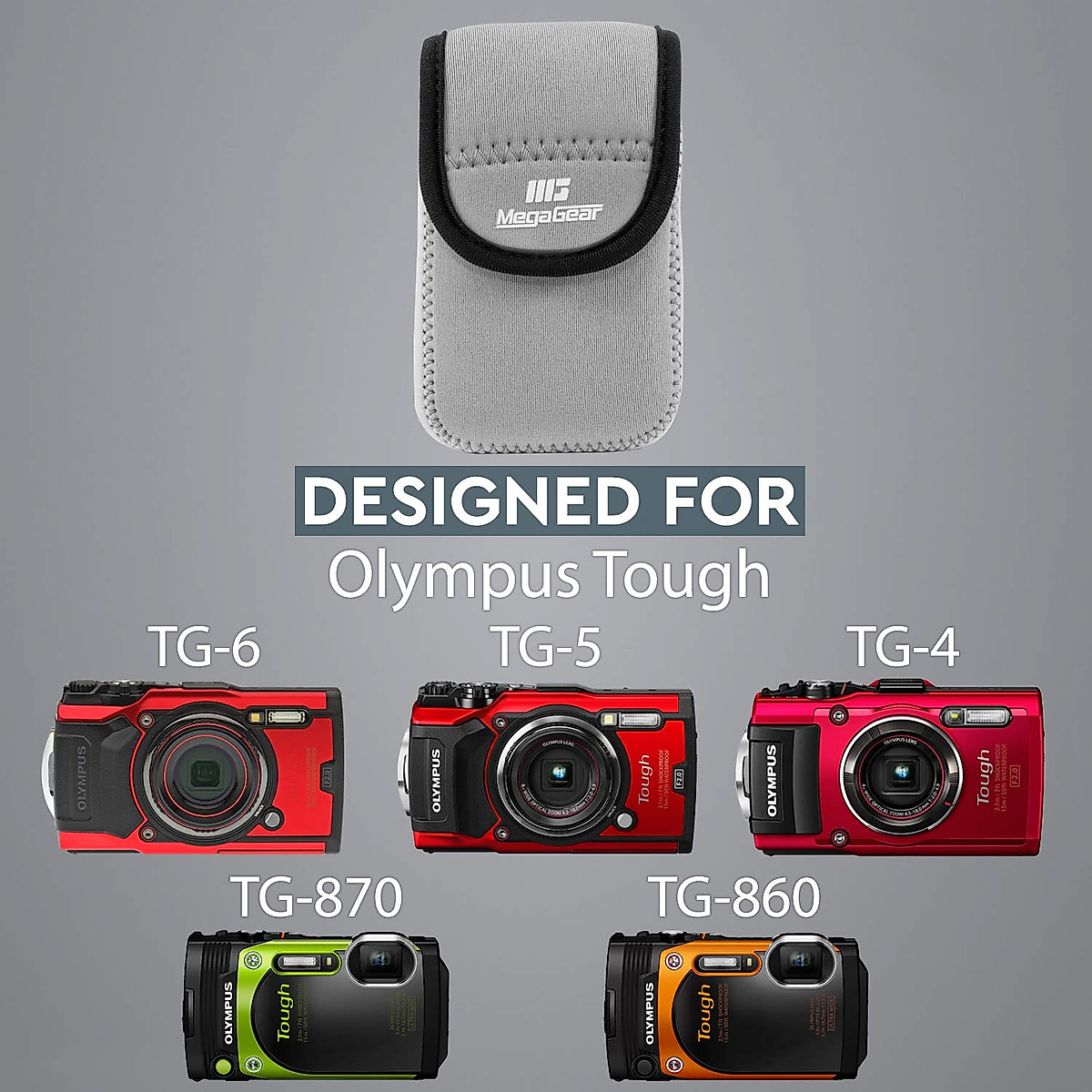 MegaGear MG795 Olympus Tough TG-6, TG-5, TG-4, TG-870, TG-860 Ultra Light Neoprene Camera Case, with Carabiner - Gray