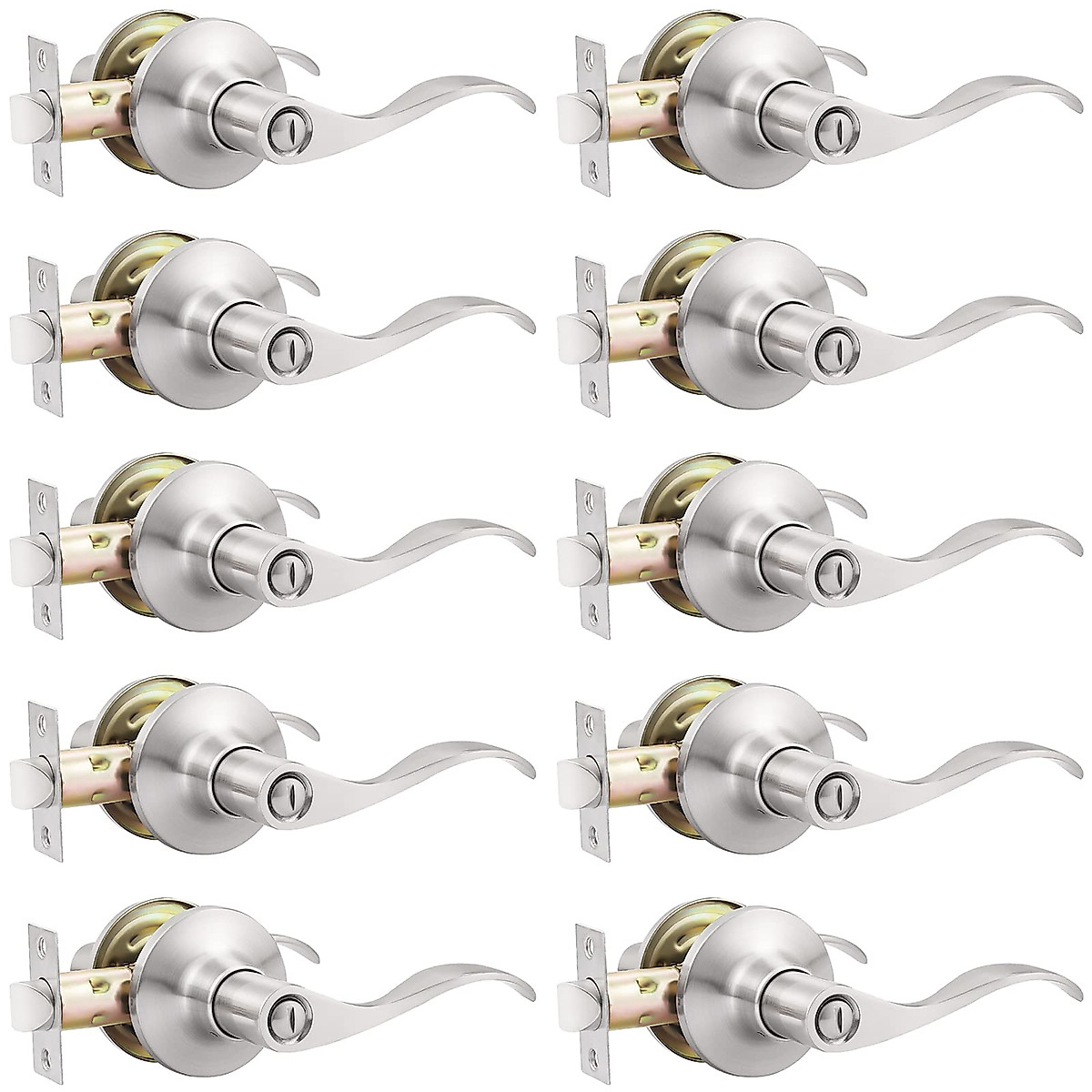 GOBEKOR 10 Pack Privacy Door Levers Bedroom Door Handle with Lock Satin Nickel Interior Door Handles Keyless Door Lock Wave Bed/Bath Lever