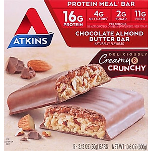 Atkins Chocolate Almond Butter Protein Meal Bar, Keto Friendly, 5 Count