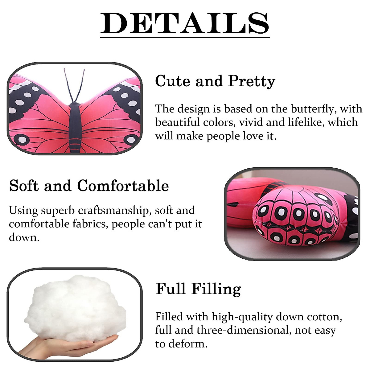 zhidiloveyou Butterfly Stuffed Animal Plush Butterfly Pillow Kawaii Toy (16×12 inch, Pink)