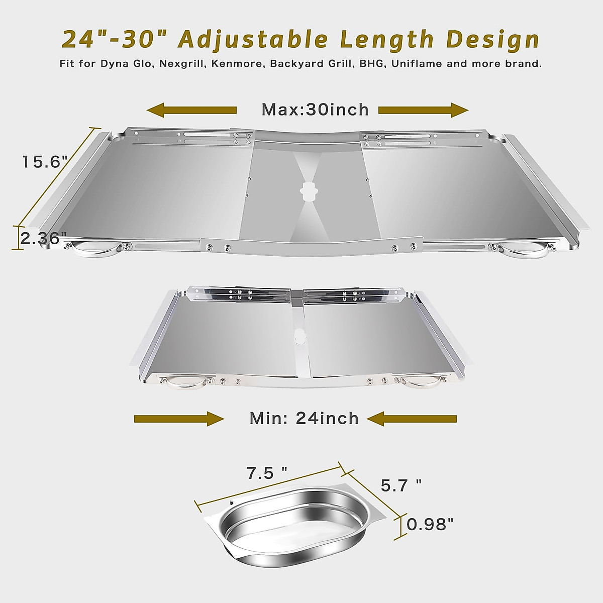 Tolia Grill Grease Tray with Drip Pan, 24" - 30" Adjustable Grease Catch Pan Stainless Steel Grill Replacement Parts Universal Drip Tray for Dyna Glo, Nexgrill, Kenmore, Expert Grill, BHG and More