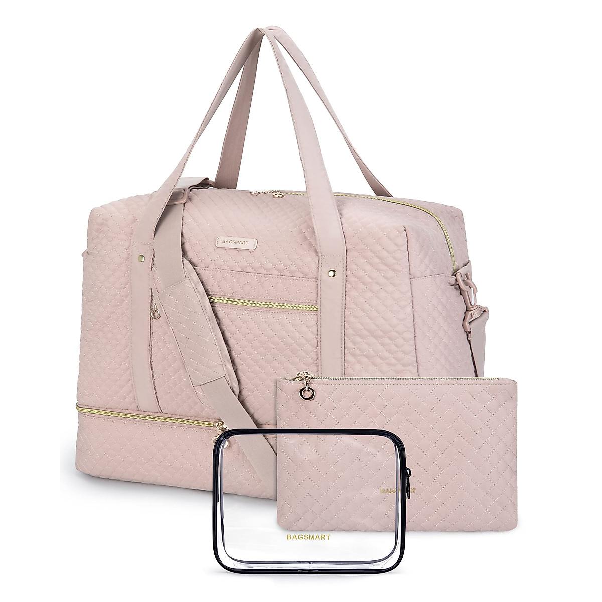 BAGSMART Travel Duffle Bag 3 Pcs Set Weekender Overnight Bag for Women with Makeup Bag & Clear Toiletry Bag, Carry On Bag with Shoe Compartment for Travel, Business Trips(Pink)
