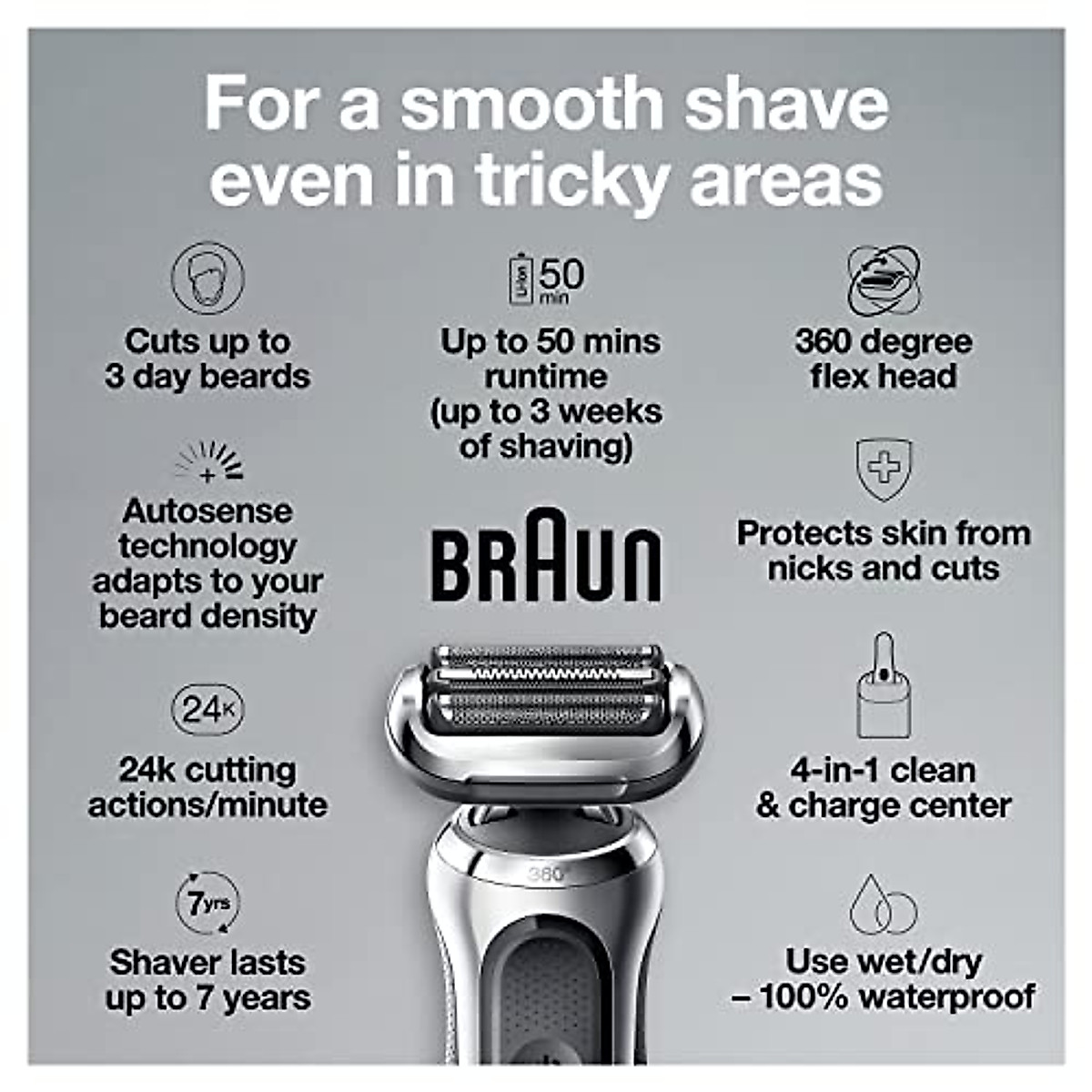Braun Electric Razor for Men Flex Head Foil Shaver with Precision Beard Trimmer, Rechargeable, Wet & Dry, 4in1 SmartCare Center and Travel Case, Silver