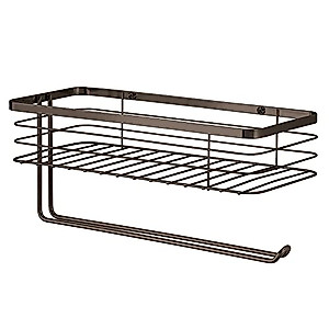 mDesign Steel Horizontal Wall Mount Paper Towel Holder with Basket Storage Organizer for Kitchen Countertop, Pantry, Cabinet, Cupboard - Holds Spices, Snacks, Drinks - Carson Collection - Bronze