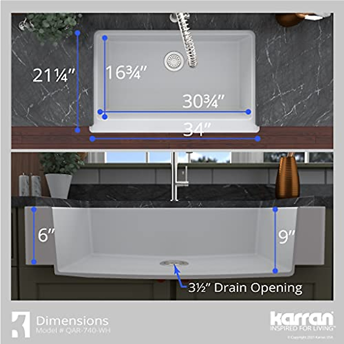 Karran QAR-740 Retrofit Farmhouse/Apron-Front Quartz Composite 34 in. Single Bowl Kitchen Sink Kit in White