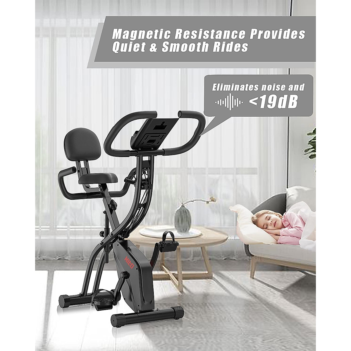 Folding Exercise Bike with Arm Resistance Bands, Magnetic Upright Indoor Cycling Bike Stationary for Home Gym & Cardio Workout