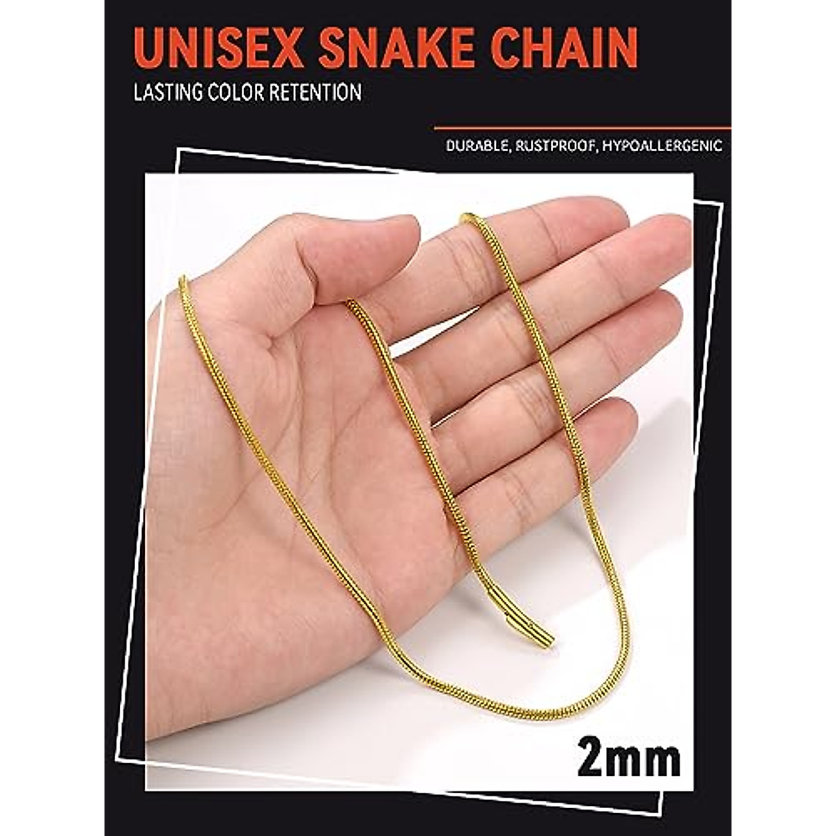 Gold Round Snake Chain Jewelry Women DIY Slim Chain Necklace Gold Plated 18 Inch 2MM Shiny Charms