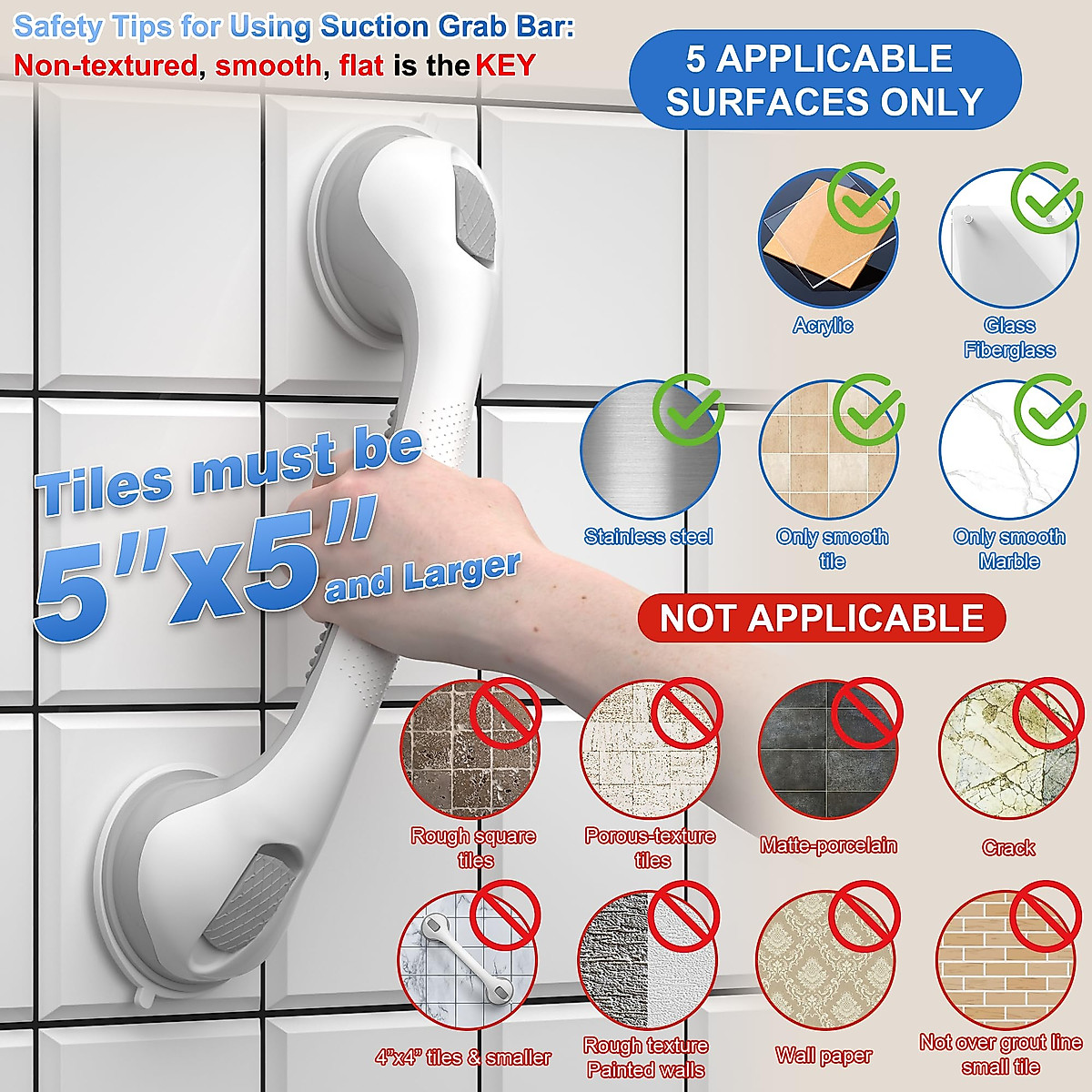 Grab Bars for Shower(2Pack) Heavy-Duty 16-Inch ADA Shower Grab Bars for Seniors Shower Handles for Elderly Suction Handicap Grab Bars Safety Handrail for Disabled for Bathroom Bathtubs Showers Toilet