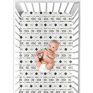 Sweet Jojo Designs White and Hunter Green Boho Tribal Mudcloth Boy or Girl Fitted Crib Sheet Baby or Toddler Bed Nursery - Woodland Bohemian Southwest Geometric Arrow Gender Neutral Aztec Mud Cloth