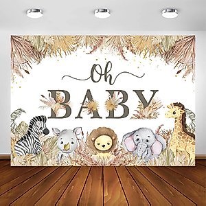 Avezano Boho Oh Baby Backdrop for Safari Baby Shower Decoration Background Pampas Grass Baby Jungle Animals Shower Gender Neutral Baby Shower Birthday Wild Party Supplies (7x5ft)