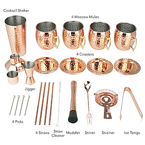 PG [Gift Set] Ultimate Moscow Mule SS Copper Plated Set 25PC | 3pc Cocktail Shaker, 4x Mugs, 4x Straws, 4x Cocktail Picks, Straw Cleaner, 4x Coaster, Strainer, Tongs, Muddler, Jigger, Stirrer