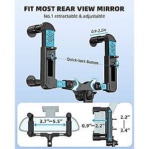 Phone Mount for Car, Large Rear Mirrors Friendly, Rear View Mirror Phone Holder, Upgraded 4 Clip More Stable, 360° Rotatable and Retractable Car Phone Holder Fit All Mobiles & Fits Bigger Vehicle.