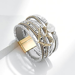 Fesciory Leopard Bracelet for Women, Boho Leather Wrap Multi-Layer Pearl Crystal Bracelet Bangle Jewelry (B33:Heart Leather(Silver))