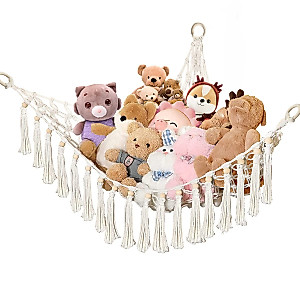ROPECUBE Hanging Stuffed Animal Hammock, Handmade Stuffed Animal Storage Organizer With Boho Macrame Style, Corner Plush Toys Storage Organizer for Nursery Kid Room Playroom