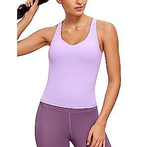 CRZ YOGA Butterluxe Womens V Neck Workout Tank Tops with Built in Bras - Sleeveless Padded Racerback Yoga Athletic Camisole Elfin Purple Medium