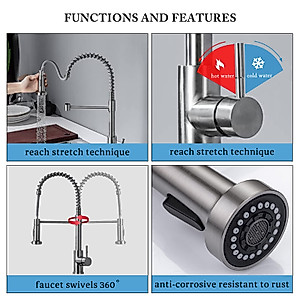 Kitchen Faucet with Pull Down Sprayer, Spring Single Handle Kitchen Sink Faucets Modern Brushed Nickel Pull-Out Spring Kitchen Stainless Steel Kitchen Faucets for Camper Farmhouse RV Bar Kitchen Sinks