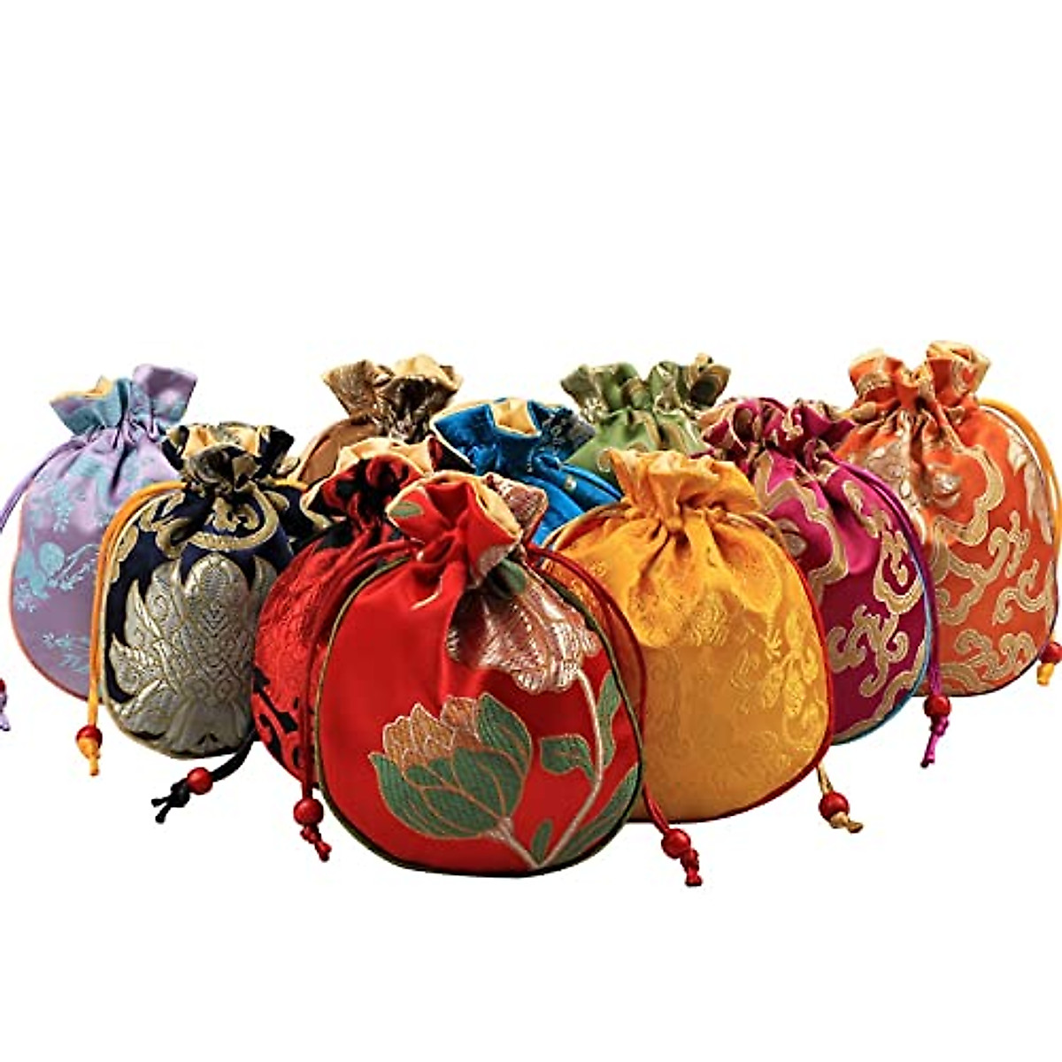 Cotton Filled Drawstring Small Bags for Jewelry Gift Pouch Packaging Chinese Silk Brocade Jewelry Pouch Thicken Luxury Jewellery Storage Bag (50, Mixed Color)