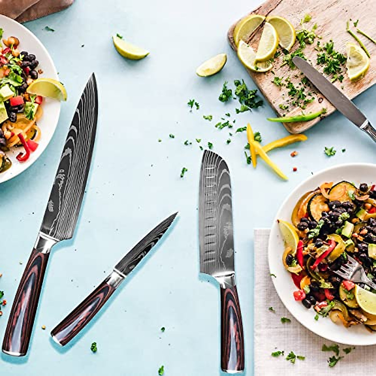 Knives Set for Kitchen, Gustrug 5PCS High Carbon Stainless Steel Kitchen Knife Set with Ergonomic Wooden Handle for Professional Multipurpose Cooking