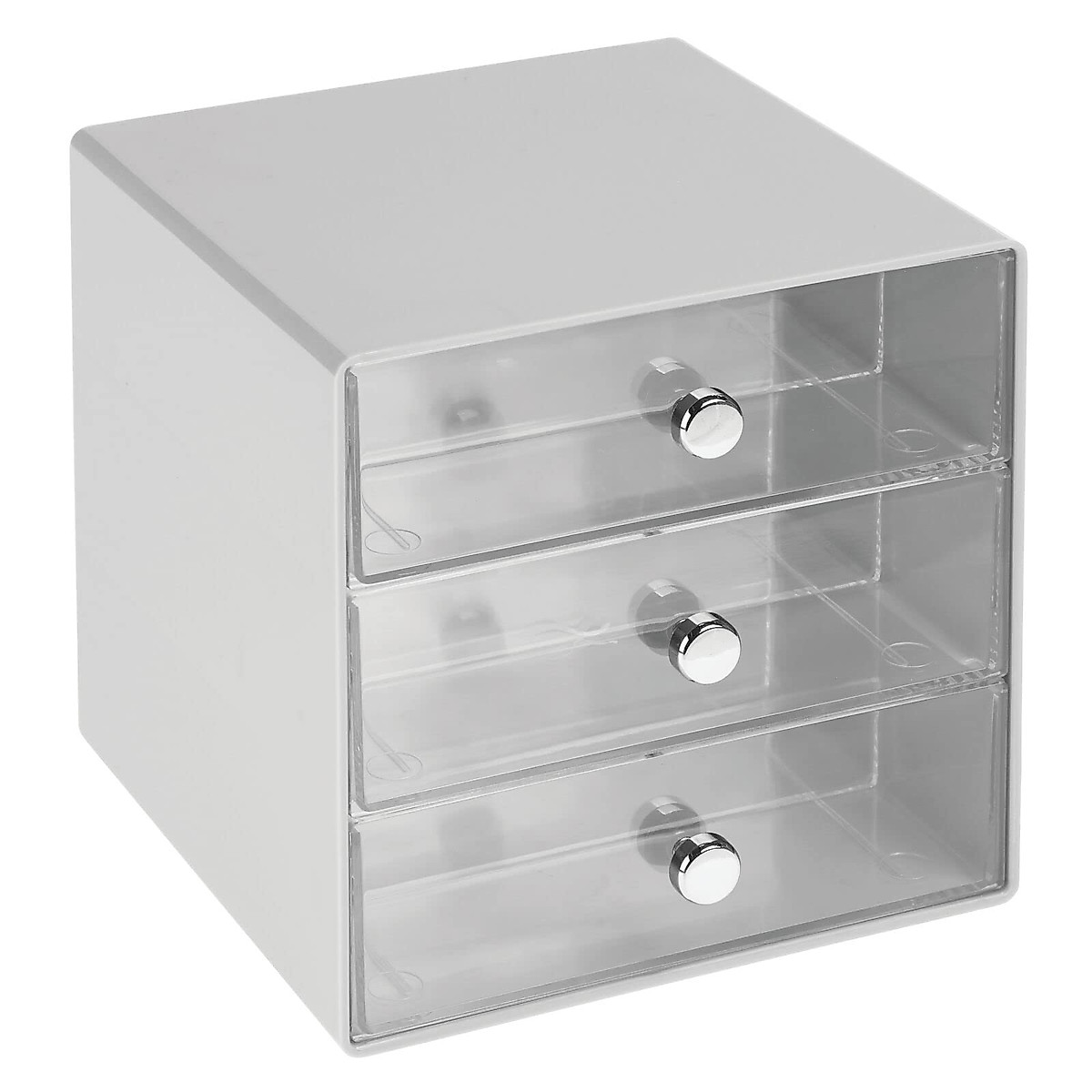 mDesign Stackable Plastic Eye Glass Storage Organizer Box Holder for Sunglasses, Reading Glasses, Lens Cleaning Cloths, and Accessories - 3 Divided Drawers, Chrome Pulls - Gray/Clear