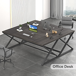 IBF 70.8” Long Computer Desk, Industrial Large Home Office Desk for Writing Study, Rustic Gaming Executive Work Desk for 2 Person, Wood Metal Pc Workstation Computer Table for Living Room, Dark Gray