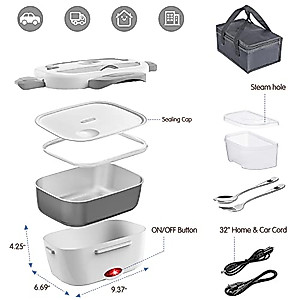 COCOBELA Electric Lunch Box Food Heater, Heated Lunch Boxes for Adults Car Truck Home, 60W Portable Food Warmer Leak Proof, 1.5L Removable Stainless Steel Container, 110V/12V/24V